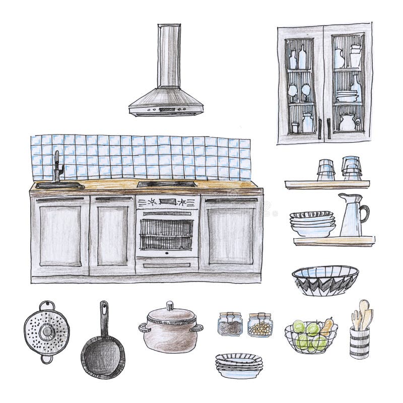 Hand Paint Watercolor Kitchen Set Pattern. (Can Be Used As Texture for ...