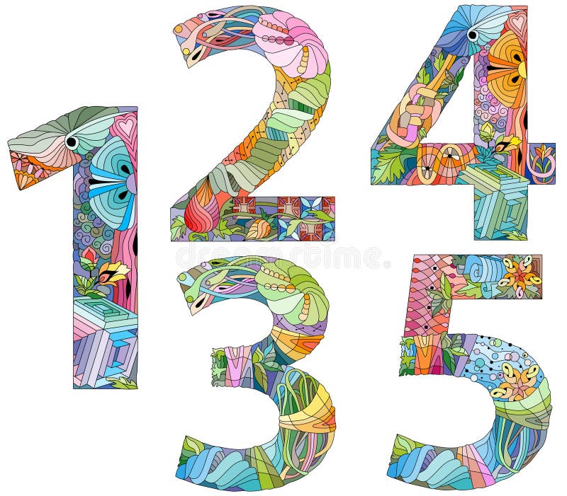 Set of Numbers One, Two, Three, Four, Five. Zentangle. Vector ...