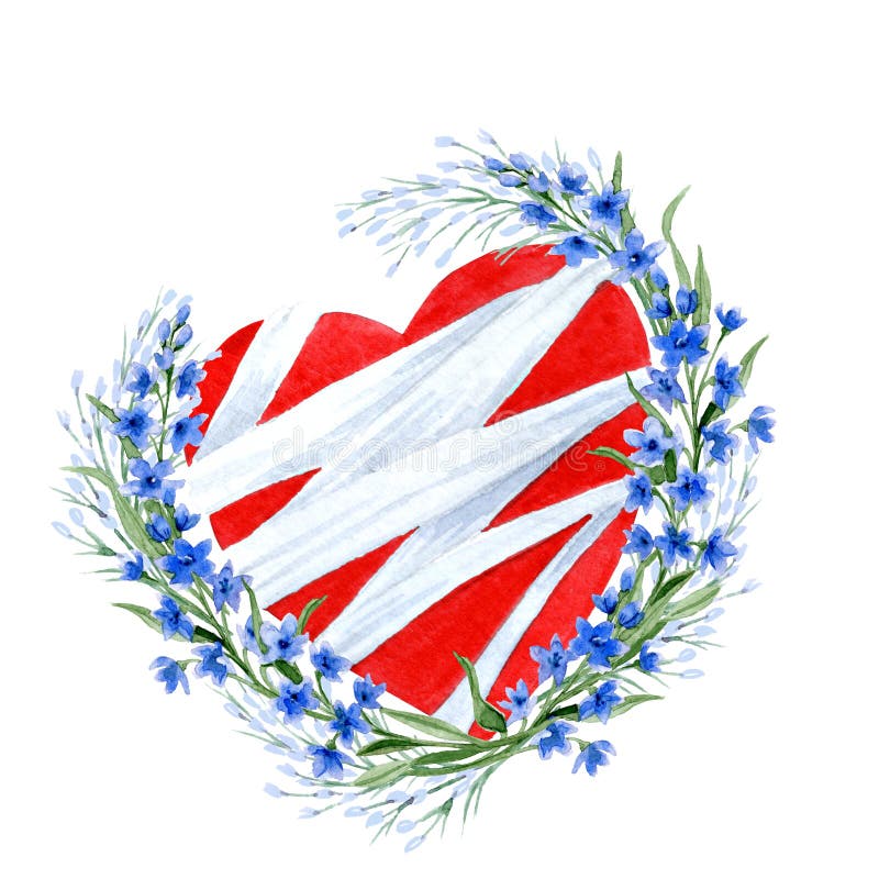 Hand Painted Bandaged Heart in the Blue Flowers Vignette Stock Photo ...