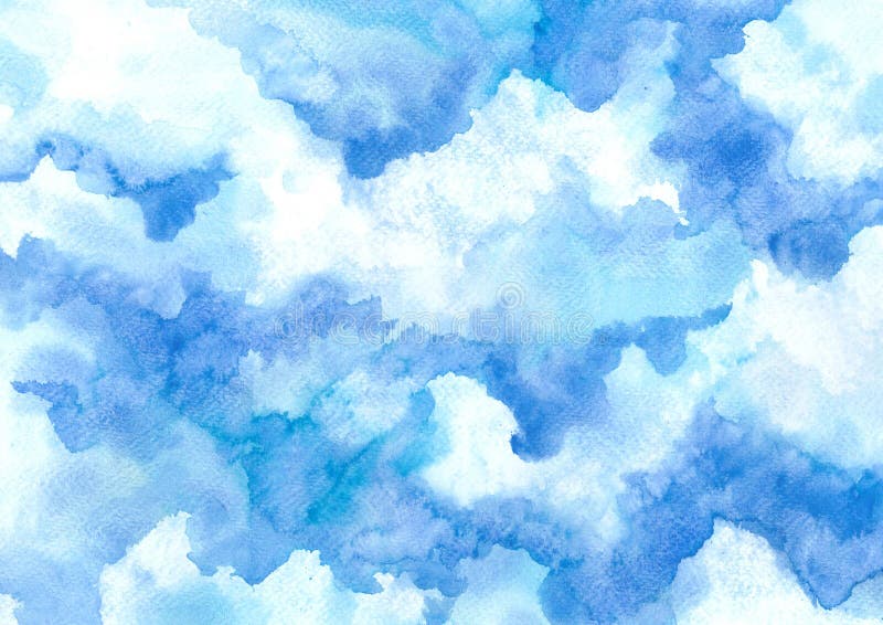 Hand Painted Blue Sky and Clouds Watercolor Illustration Background ...