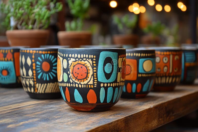 Hand-painted Ceramic Pots with Traditional Patterns are Displayed on a ...