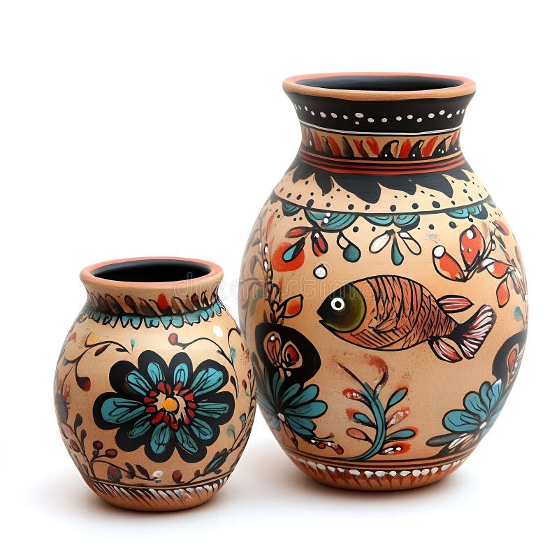 Hand Painted Ceramic Vases Set Decorative Floral and Fish Design Stock ...