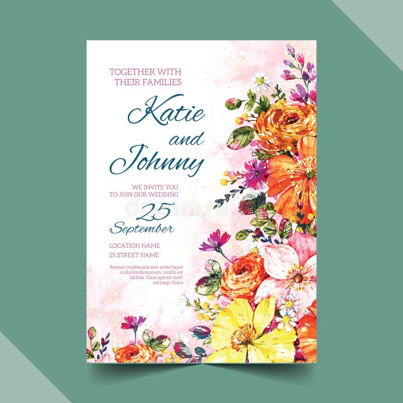 Hand Painted Colorful Floral Wedding Invitation Vector Design ...