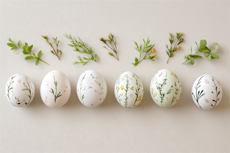 Hand-painted Easter Eggs with Delicate Floral Designs and Greenery on a ...