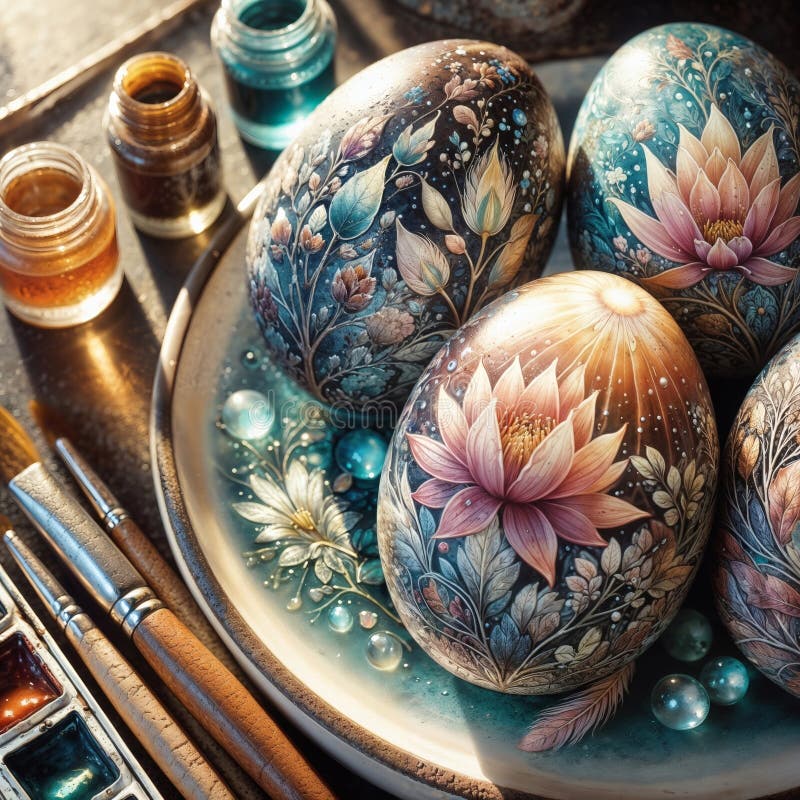 Hand-painted Easter Eggs with Floral Designs and Watercolor Tools in Artistic Composition Stock ...