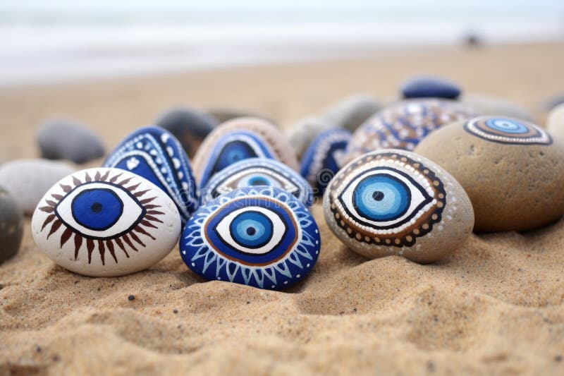 Hand-painted Evil Eye Stones Arranged on a Sandy Beach Stock Photo ...