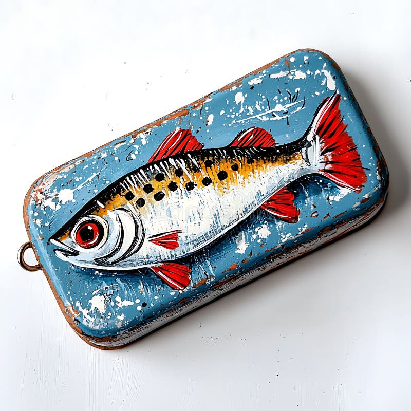 Handpainted Fish Artwork on a Rustic Metal Container Stock Illustration ...