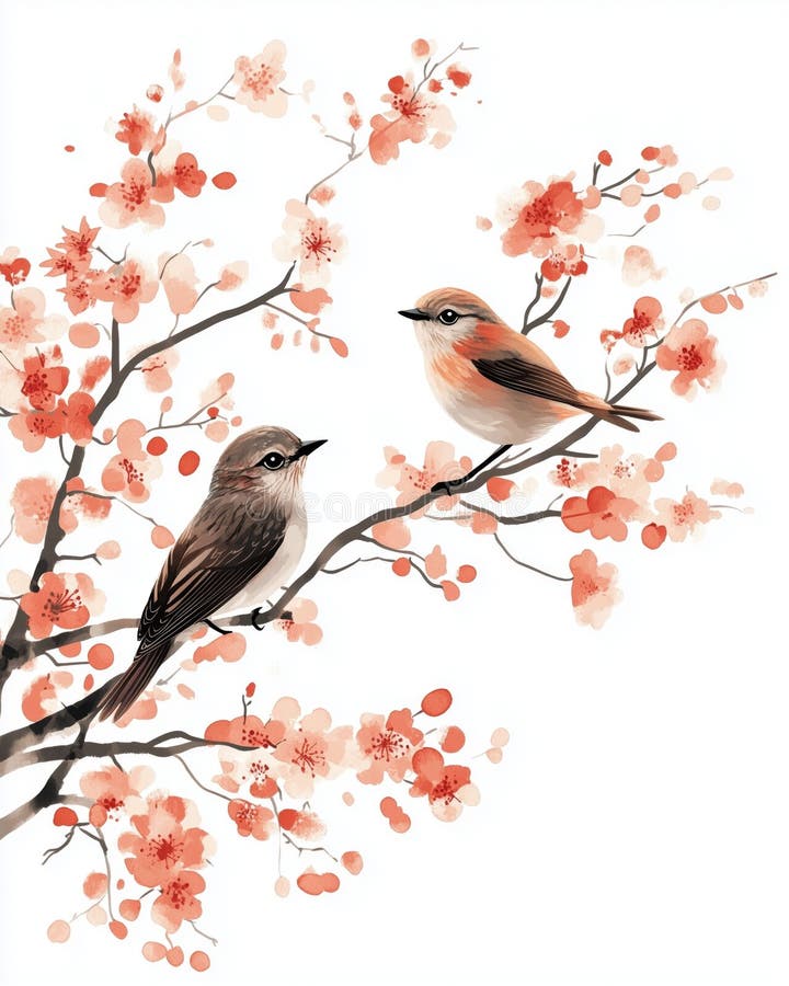 Hand-painted Floral Artwork Featuring a Sparrow and Blooming Spring ...