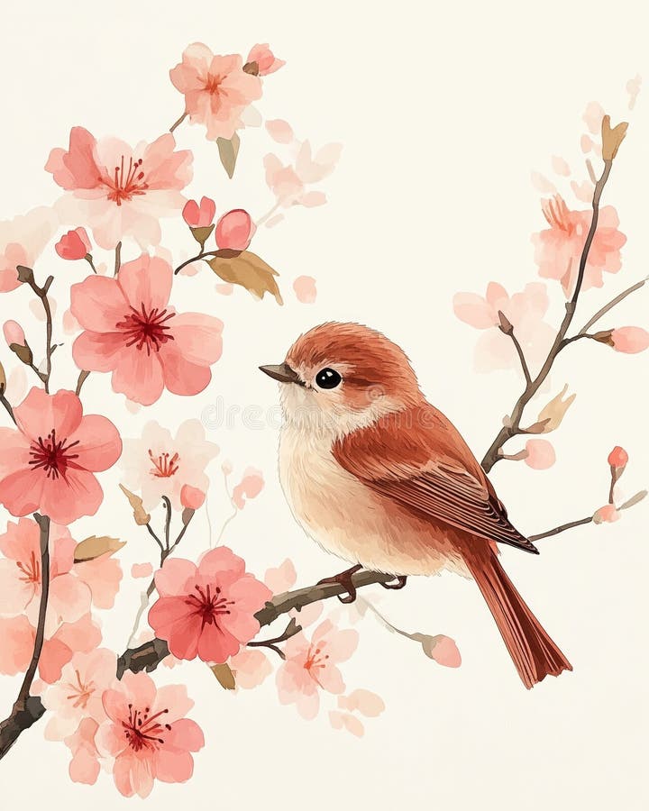 Hand-painted Floral Artwork Featuring a Sparrow and Blooming Spring ...