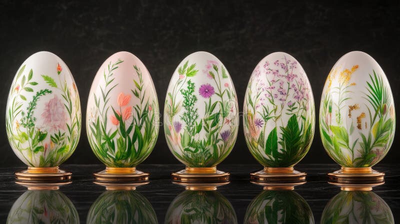 Hand-painted Floral Ceramic Eggs on Display Against Dark Background ...