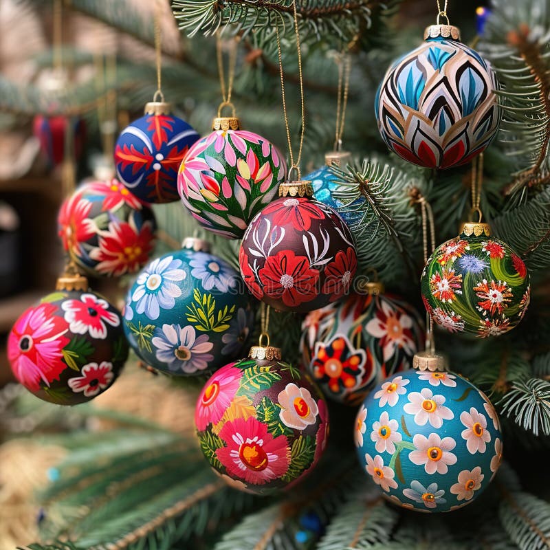 Hand-painted Floral Christmas Ornaments Hanging on a Tree Stock Illustration - Illustration of ...