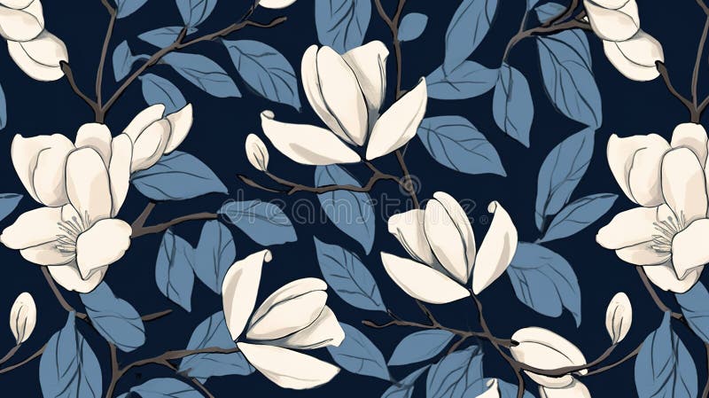 Magine Block Print Style Rendering Half-drop Repeat Pattern with Leaves ...