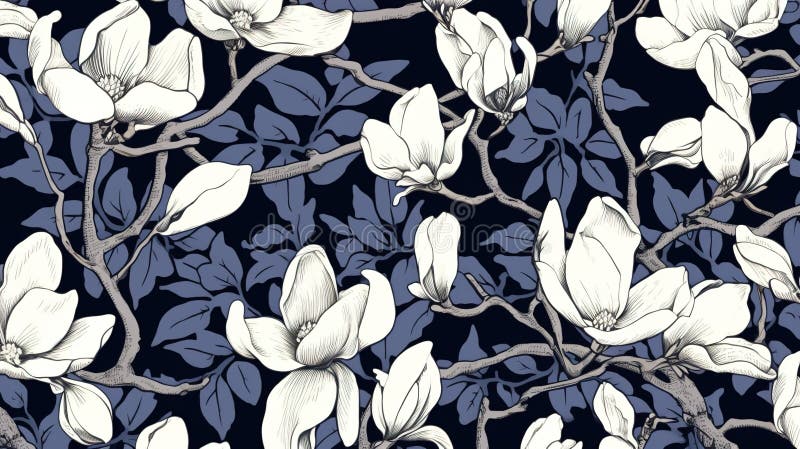 Magine Block Print Style Rendering Half-drop Repeat Pattern with Leaves ...