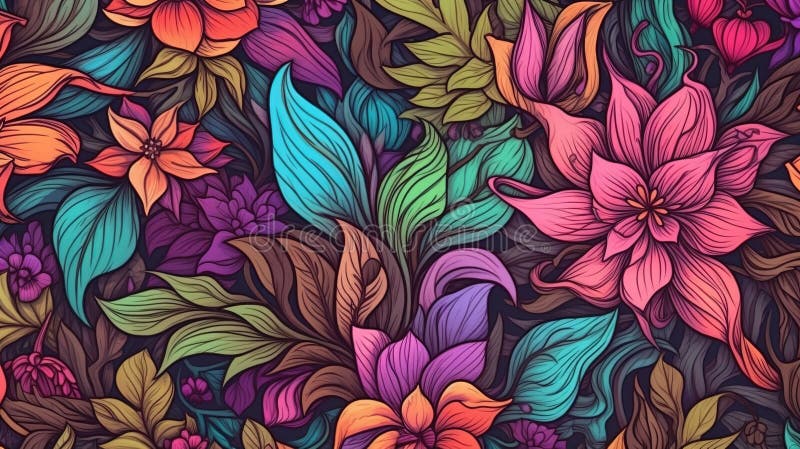 Magine Block Print Style Rendering Half-drop Repeat Pattern with Leaves ...