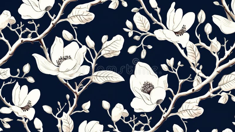 Magine Block Print Style Rendering Half-drop Repeat Pattern with Leaves ...