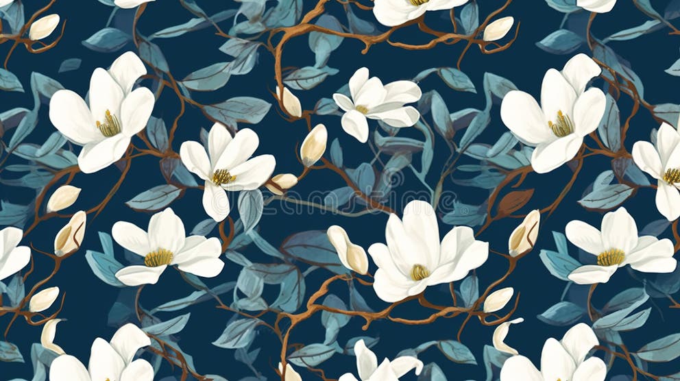 Magine Block Print Style Rendering Half-drop Repeat Pattern with Leaves ...