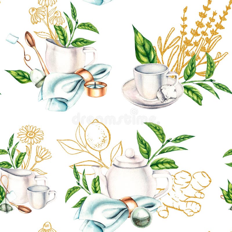 Hand Painted Gold Tea Set with Herbs Stock Photo - Image of copper ...