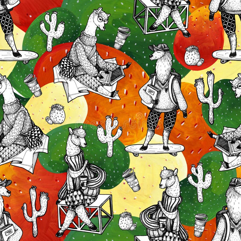 Hand-painted Mexican Seamless Pattern with Smart Lamas and Cactuses on ...