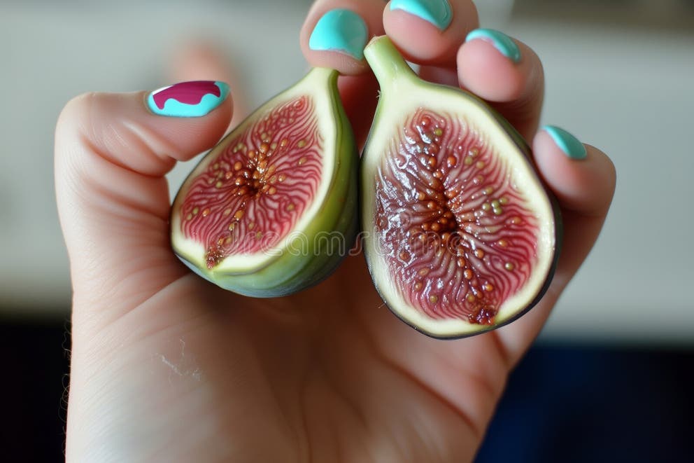 Hand with Painted Nails Holding a Fig Cut in Half Stock Photo - Image ...