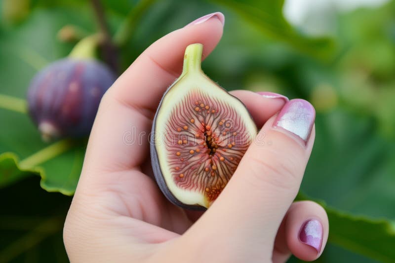 Hand with Painted Nails Holding a Purple Fig Open Stock Photo - Image ...
