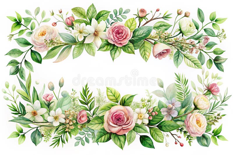 Hand-painted Romantic Nature Banner with Greenery and Blossoms on White ...