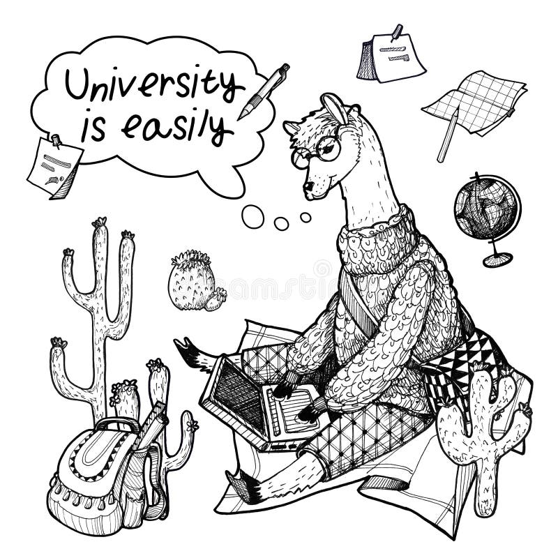 Hand-painted Smart Alpaca in Glasses with Laptop and Bag Stock ...