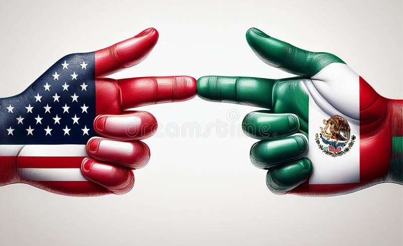 Hand Painted US and Mexican Flags Represented by Hands Pointing at Each ...