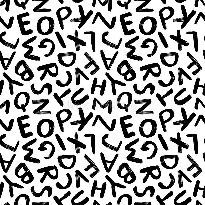 Hand Painted Letters Vector Seamless Pattern in Black and White, Hand Written Alphabet ...