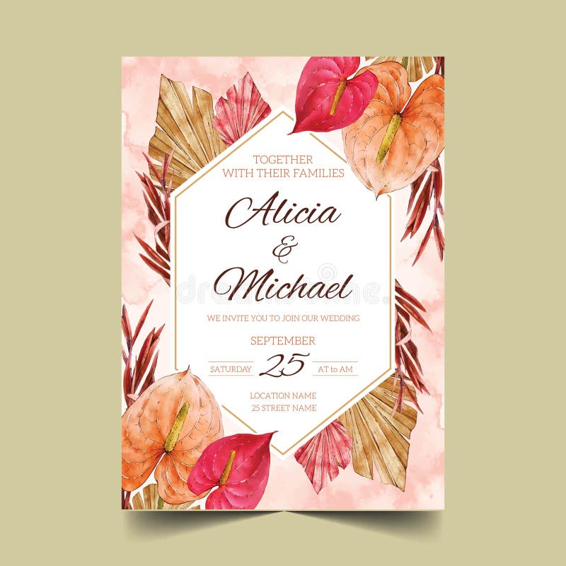 Hand Painted Watercolor Boho Wedding Invitation Vector Design ...