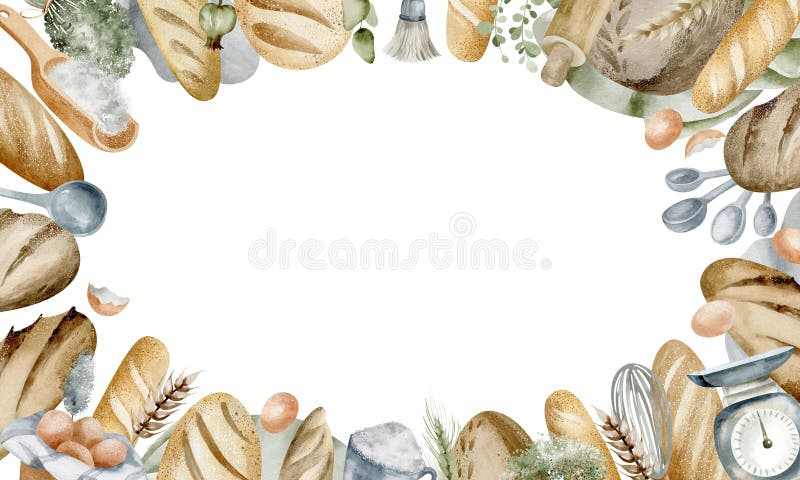 Rustic Baking Ingredients Watercolor Border Stock Illustration ...