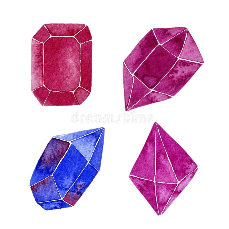 Hand Painted Watercolor Crystals Blue, Purple and Red Stock ...