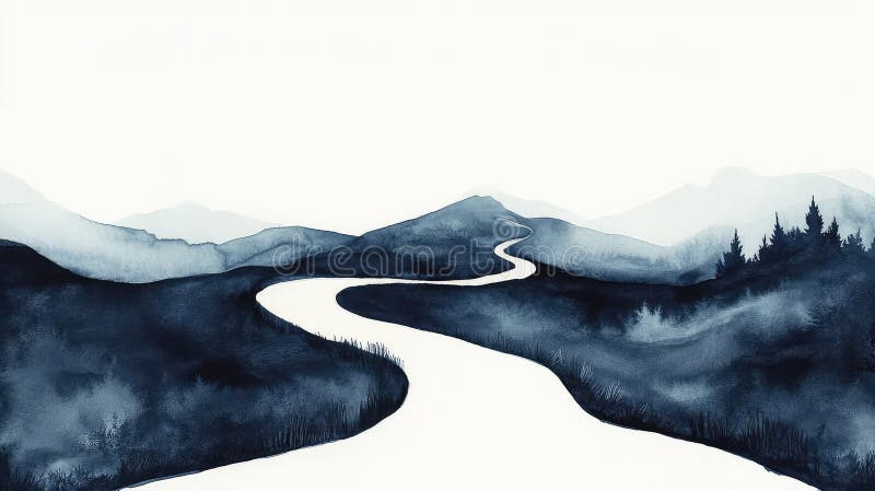 Hand-Painted Watercolor Illustration of a Blank Black Winding Road with ...