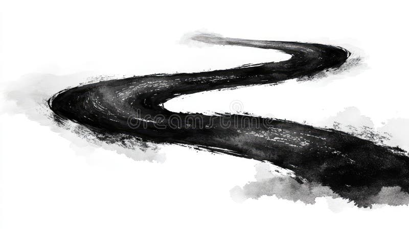 Hand-Painted Watercolor Illustration of a Blank Black Winding Road with ...