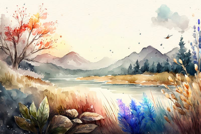 Hand Painted Watercolor Nature Background. Illustration AI Generative ...