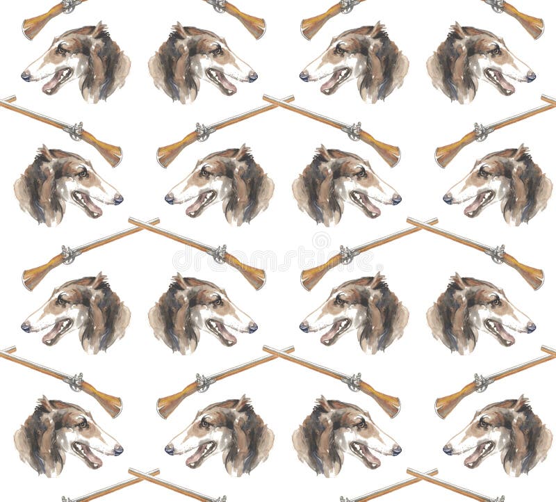 Watercolor Pattern, Russian Greyhound and Hunting Accessories Stock ...