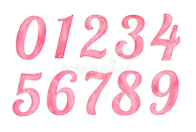 Hand Painted Watercolor Red Numbers 0-9 Isolated on a White Background ...