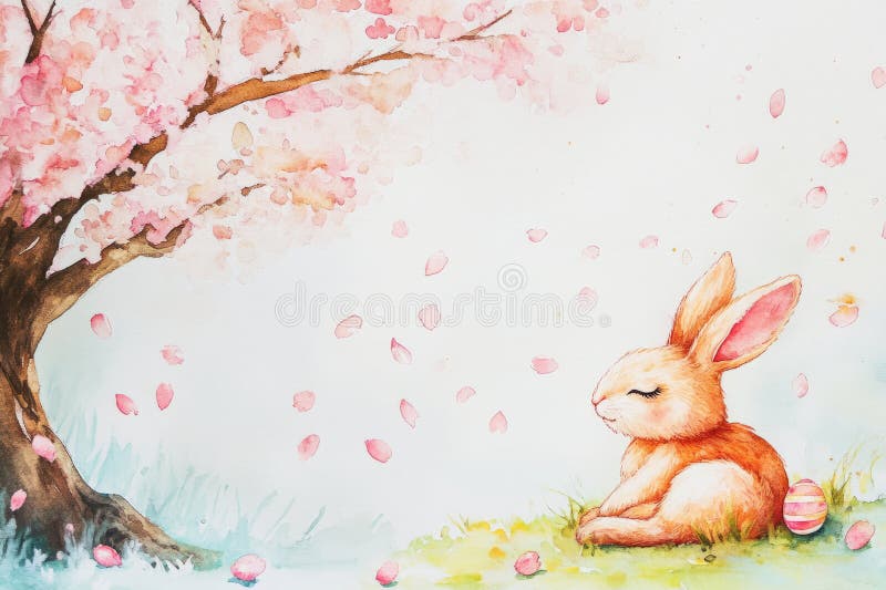 A Hand-painted Watercolor Scene of an Easter Bunny Resting Under a ...