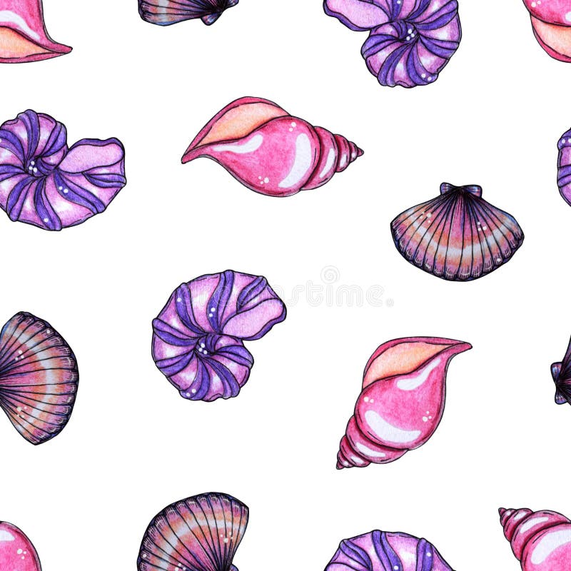 Hand Painted Watercolor Shells Seamless Pattern Stock Illustration ...