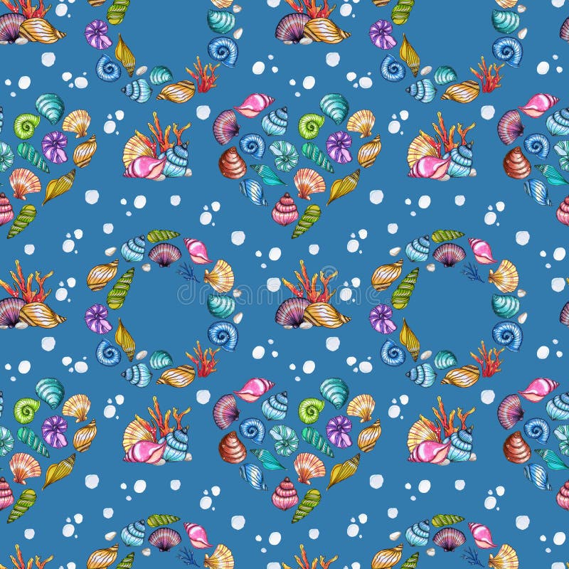 Hand Painted Watercolor Shells Seamless Pattern Isolated on Blue ...