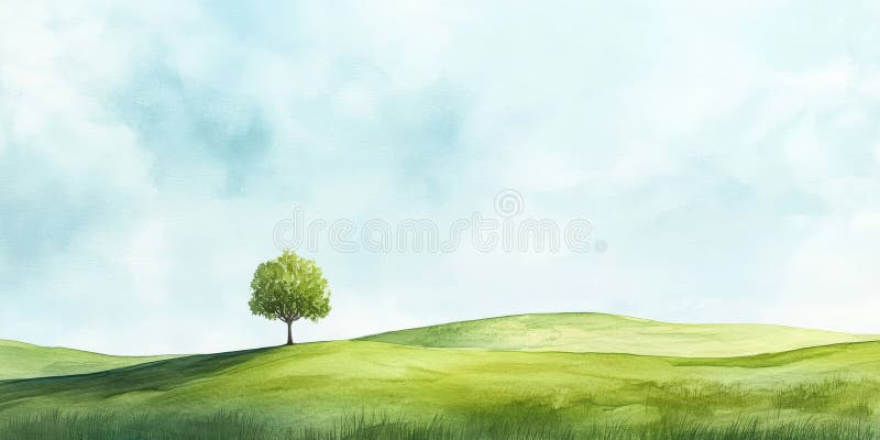 Hand Painted Watercolor of a Simple Landscape with Open Green Fields ...
