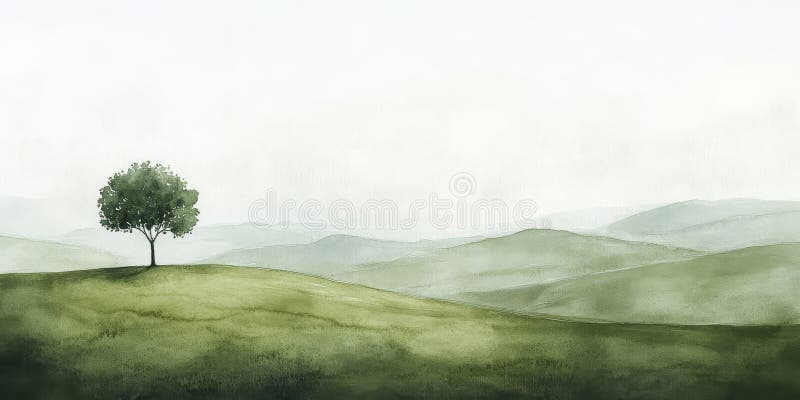 Hand Painted Watercolor of a Simple Landscape with Open Green Fields ...