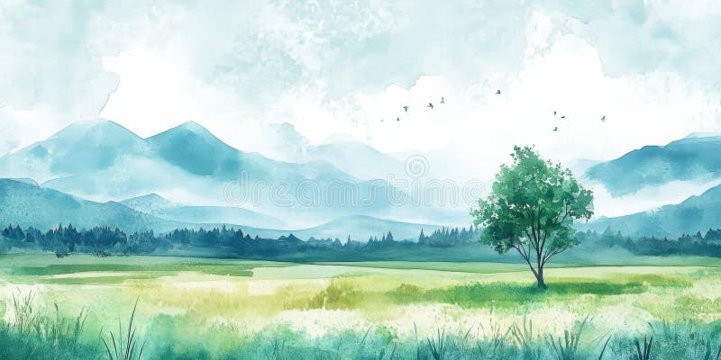 Hand Painted Watercolor of a Simple Landscape with Open Green Fields ...