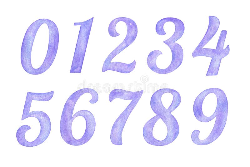 Hand Painted Watercolor Violet Numbers 0-9 Isolated on a White ...
