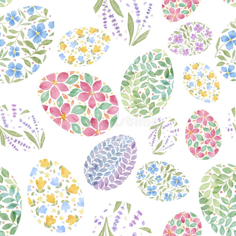Hand Painted Watercolour Floral Easter Eggs Seamless Pattern Stock Photo - Image of nature ...