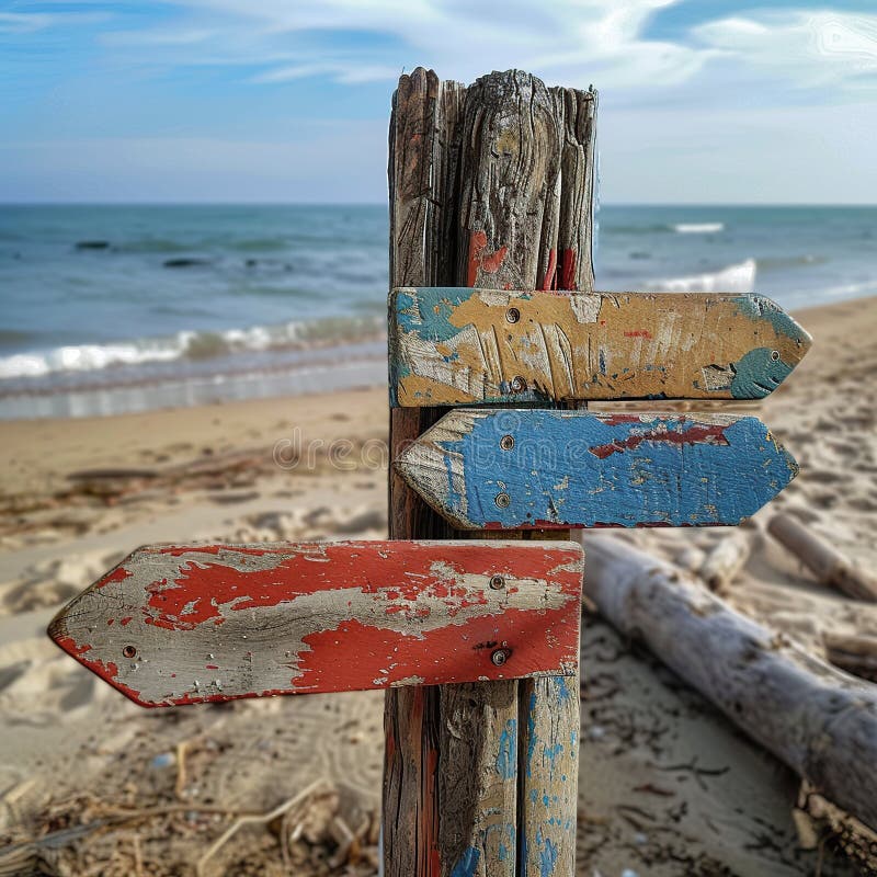 Hand Painted Wooden Direction Arrows on a Weathered Pole by a Sandy ...