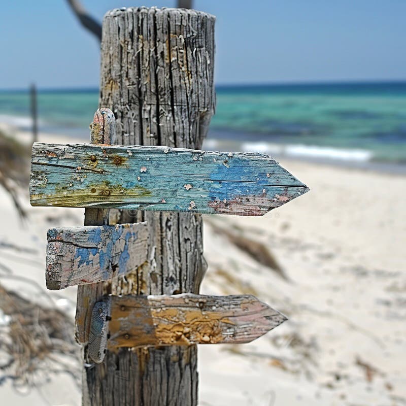Hand Painted Wooden Direction Arrows on a Weathered Pole by a Sandy ...