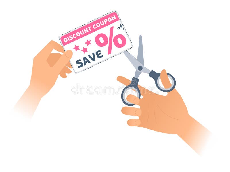 Hand with Pair of Scissors Cuts Out a Discount Coupon. Stock Vector ...