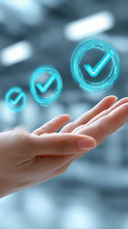 Hand Palm Digital Screen Interact Checkmark Futuristic Technology. Hand ...