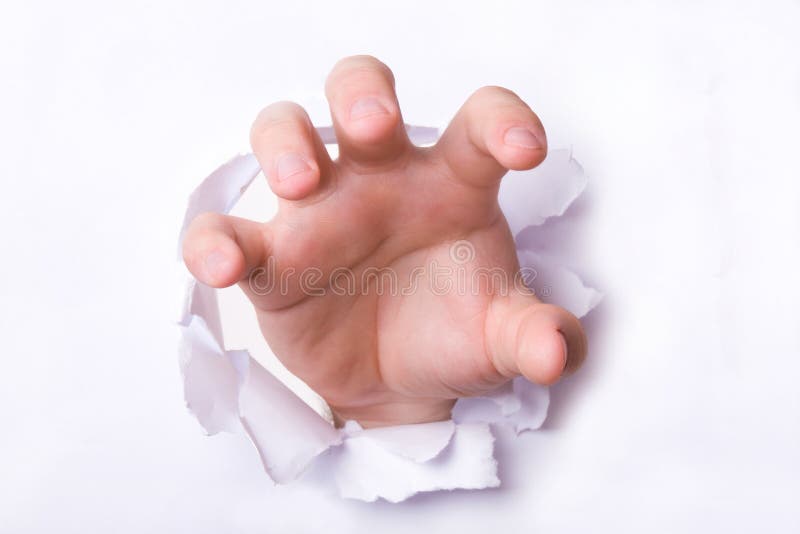 Hand through paper stock photo. Image of menacing, grabbing - 5897704