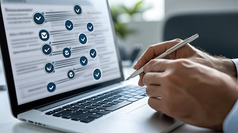 Hand Pen Appears Focused Laptop Screen Check Marks Bokeh Effect ...